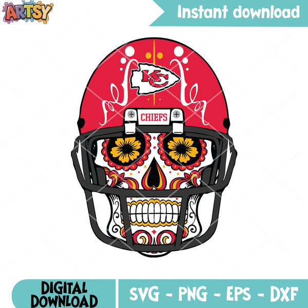 Day of the dead skull and red helmets svg, kc chiefs svg, nfl teams sv ...