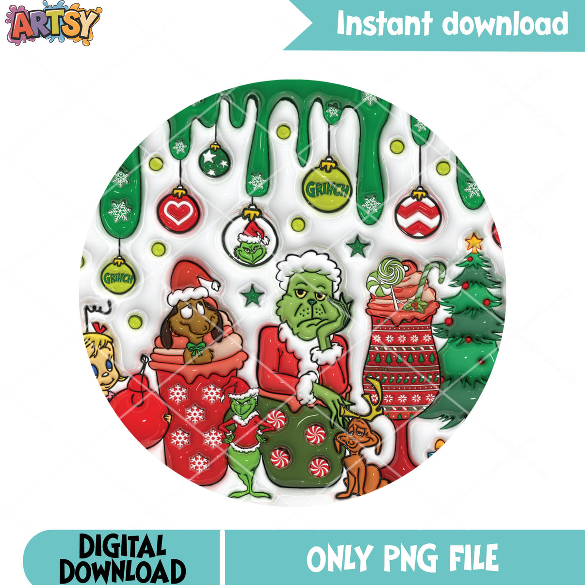 Grinch ornament stack png, christmas baubles png, green slime png ...